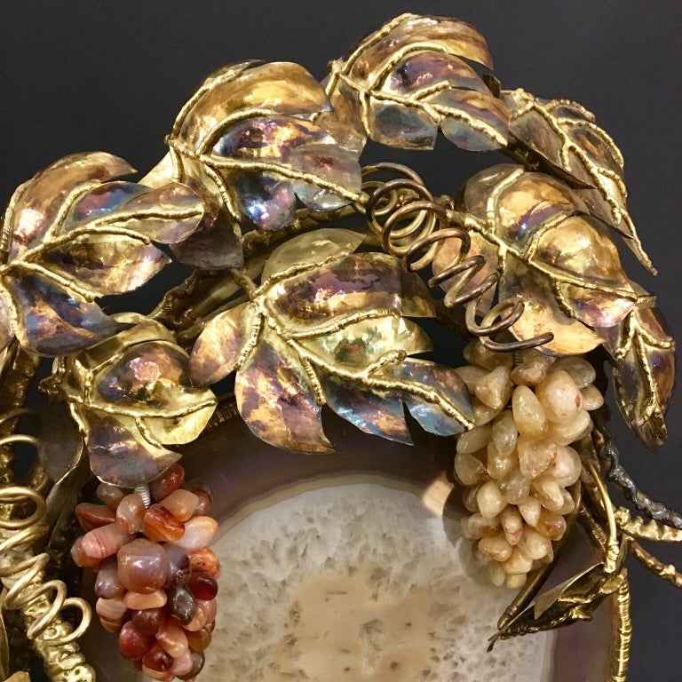 Richard Faure Mineral Lamp with Sculptural Brass Leaves and Grapes ...