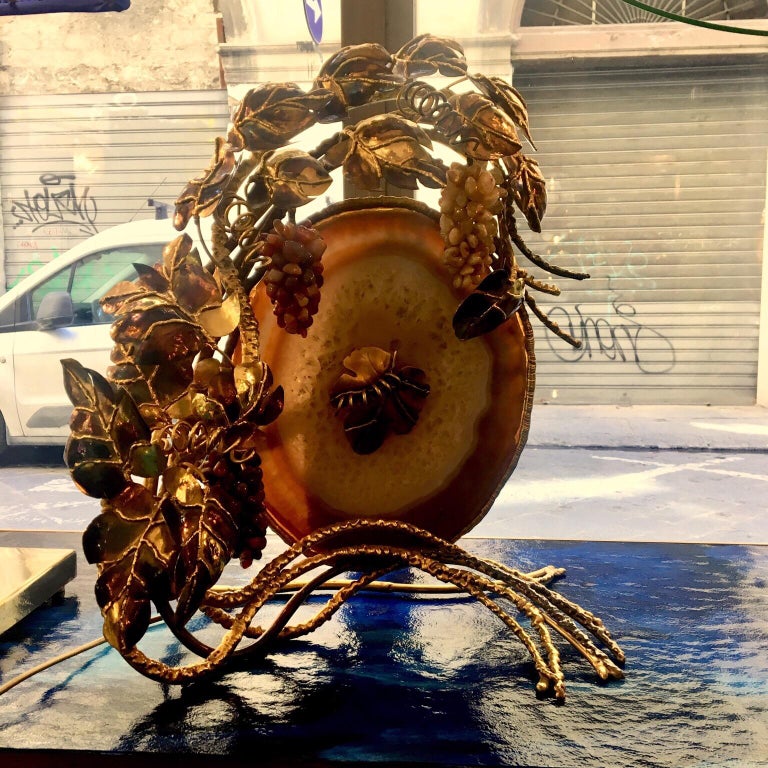Richard Faure Mineral Lamp with Sculptural Brass Leaves and Grapes ...