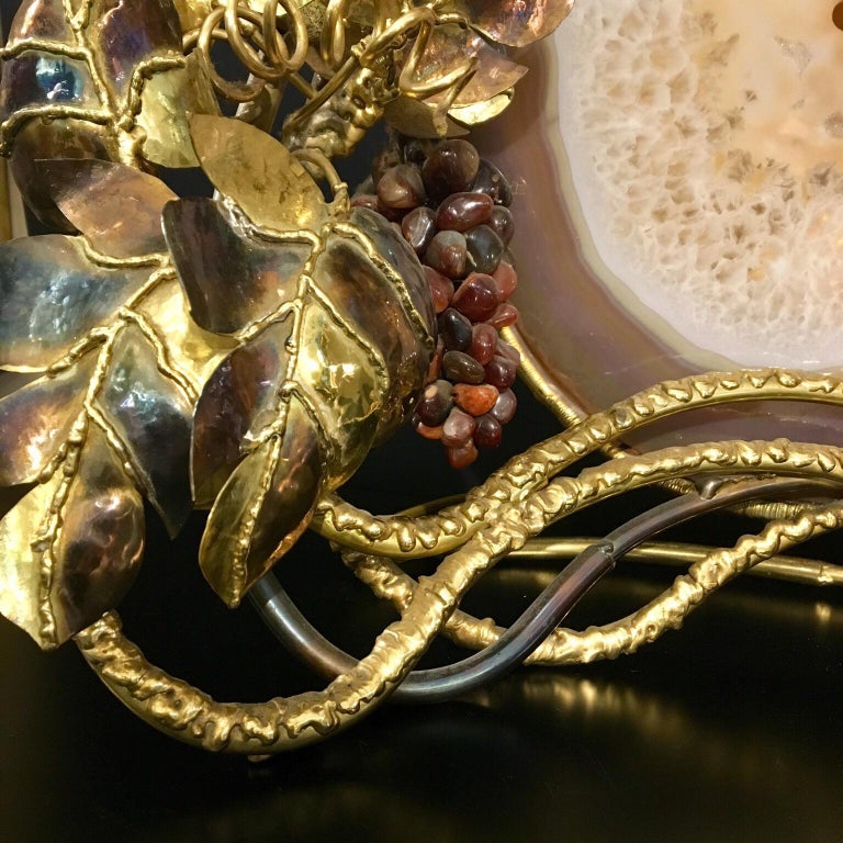 Richard Faure Mineral Lamp with Sculptural Brass Leaves and Grapes ...