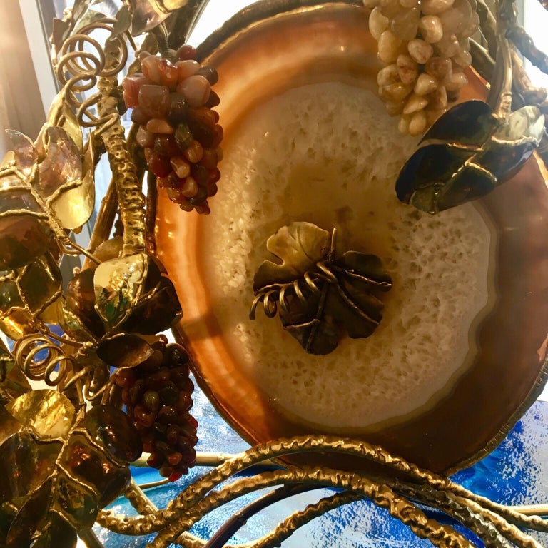Richard Faure Mineral Lamp with Sculptural Brass Leaves and Grapes ...