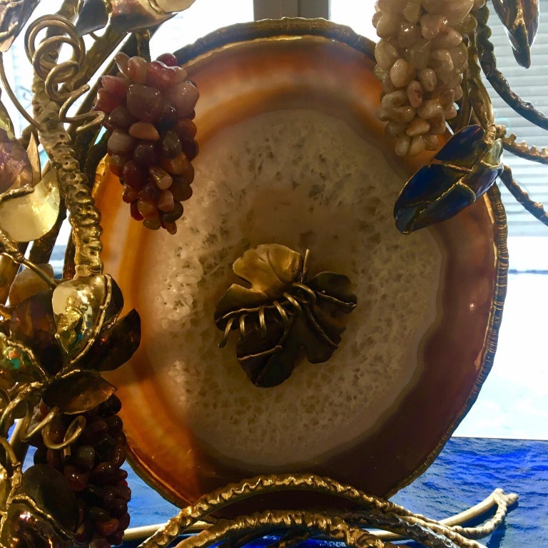 Richard Faure Mineral Lamp with Sculptural Brass Leaves and Grapes ...
