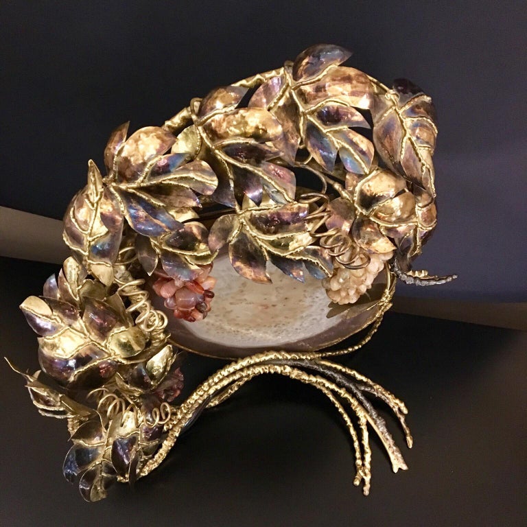 Richard Faure Mineral Lamp with Sculptural Brass Leaves and Grapes ...