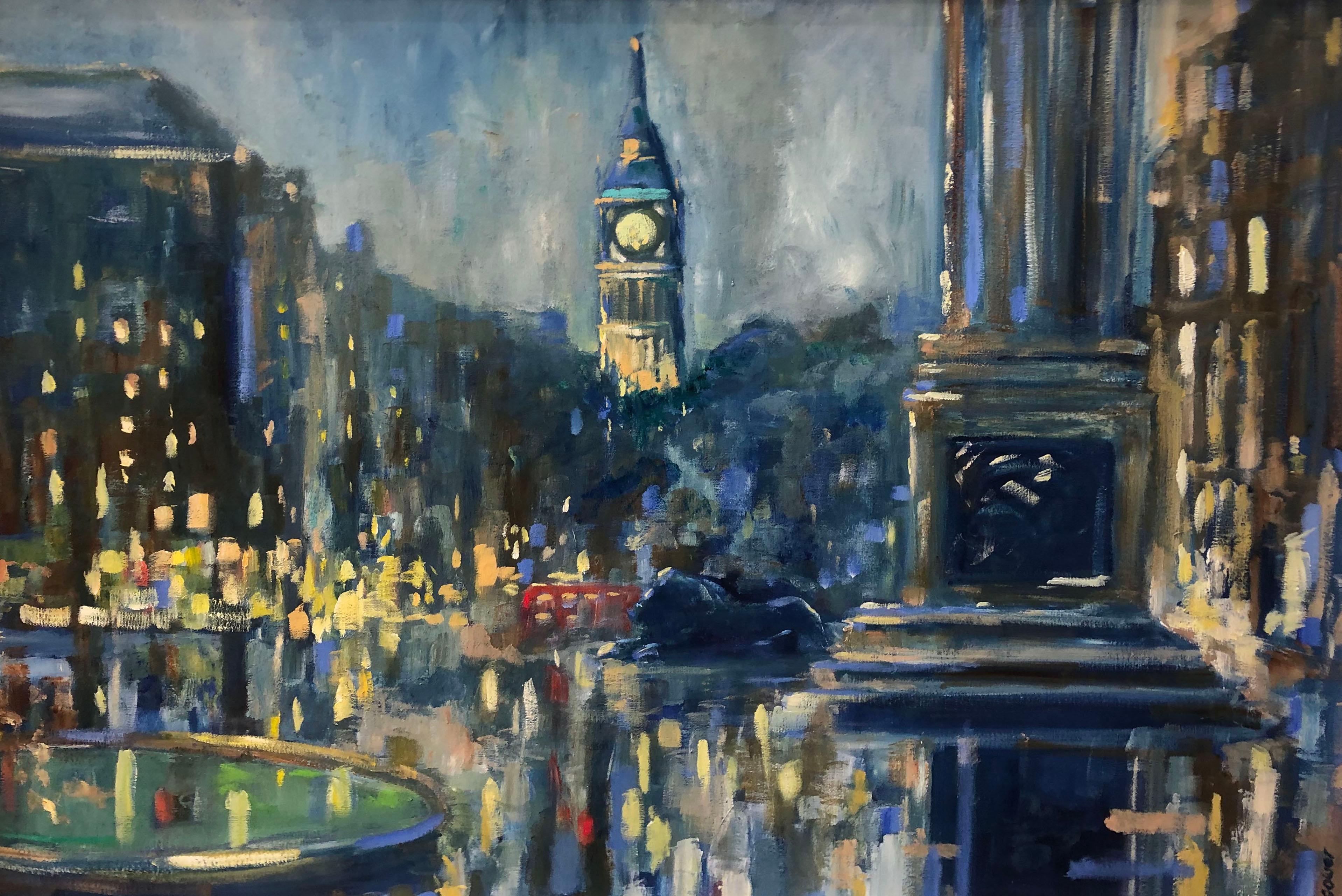 Richard Gower - The City at Dusk... The Red Bus- impasto landscape oil ...