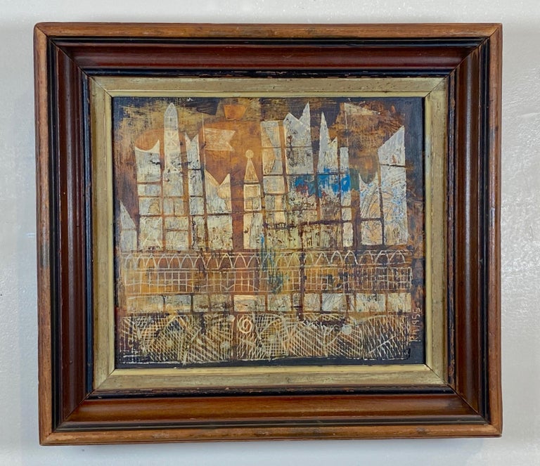 Richard Hackett Abstract Cityscape in Mixed Medium 1955 For Sale at 1stDibs