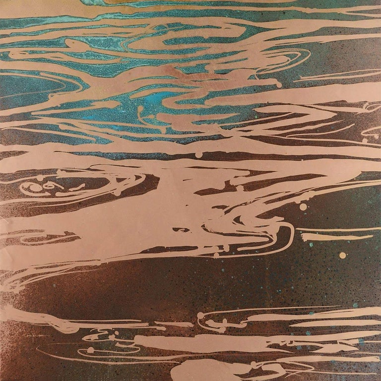 Richard Hawk - "Onsen" - Oil painting on Copper - Abstract blue brown ...