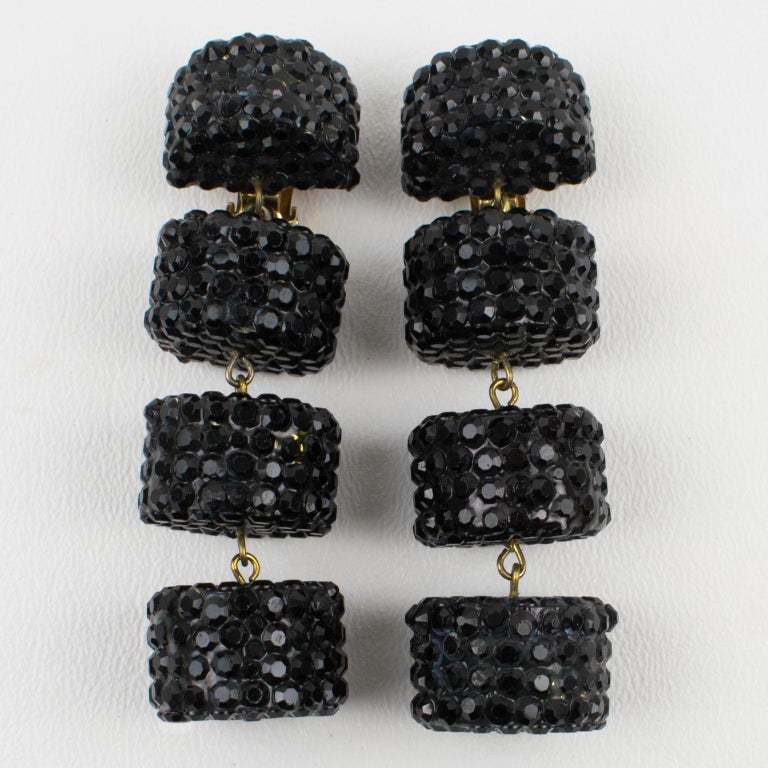 Richard Kerr Dangle Black Crystal Clip Earrings For Sale at 1stDibs