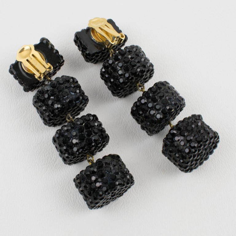 Richard Kerr Dangle Black Crystal Clip Earrings For Sale at 1stDibs