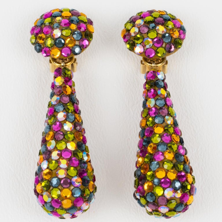 Richard Kerr Dangle Multicolor Crystal Clip Earrings For Sale at 1stDibs