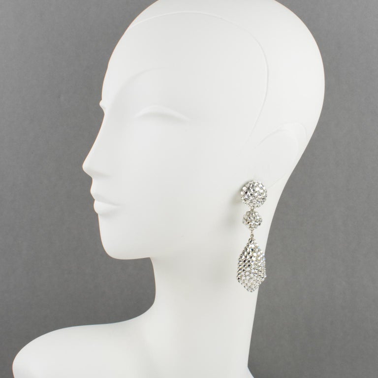 Richard Kerr Dangle Silver Crystal Clip Earrings For Sale at 1stDibs