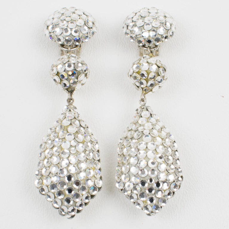 Richard Kerr Dangle Silver Crystal Clip Earrings For Sale at 1stDibs