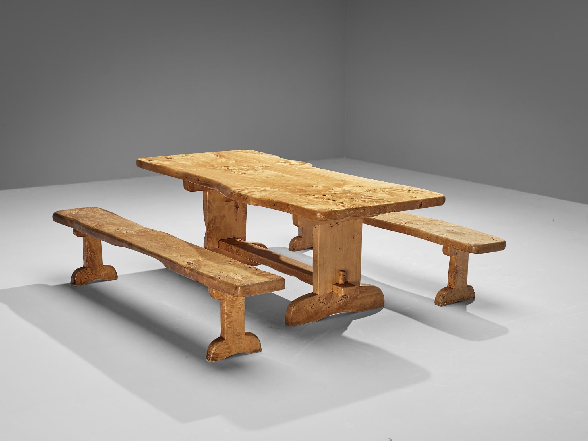 Richard Lecompte Set of Table and Benches in Birdseye Elm For Sale at ...