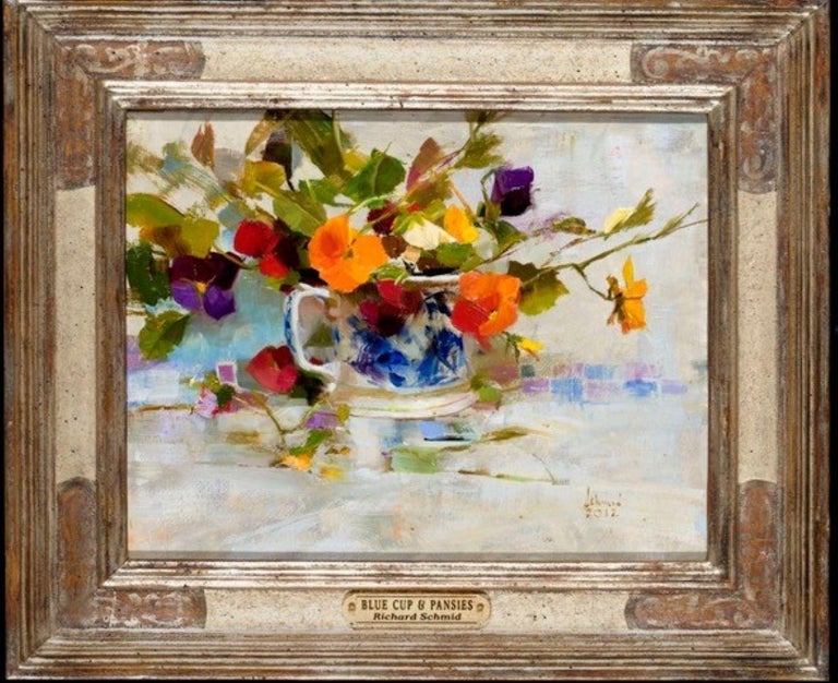 Richard Schmid - "Blue Cup and Pansies," Oil painting For Sale at 1stDibs