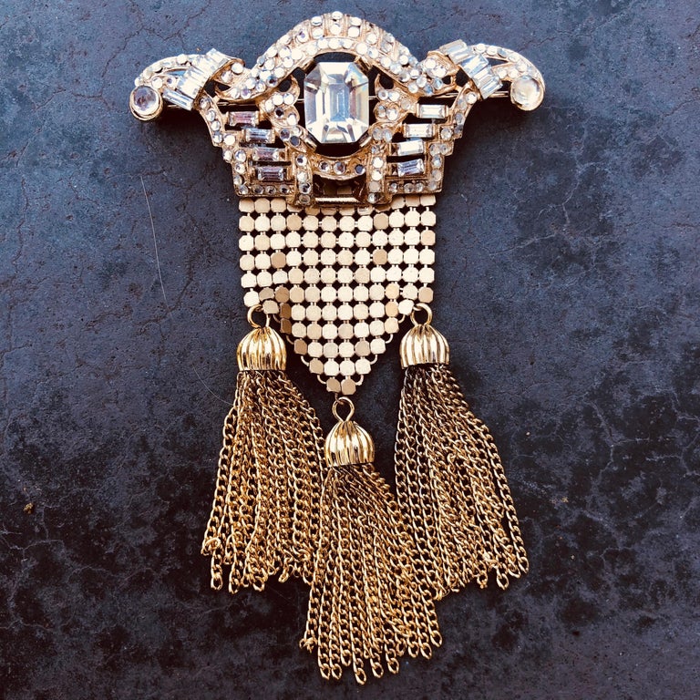 Richard Serbin Matt Gold and Crystal Brooch Pin with Mesh and Tassel ...