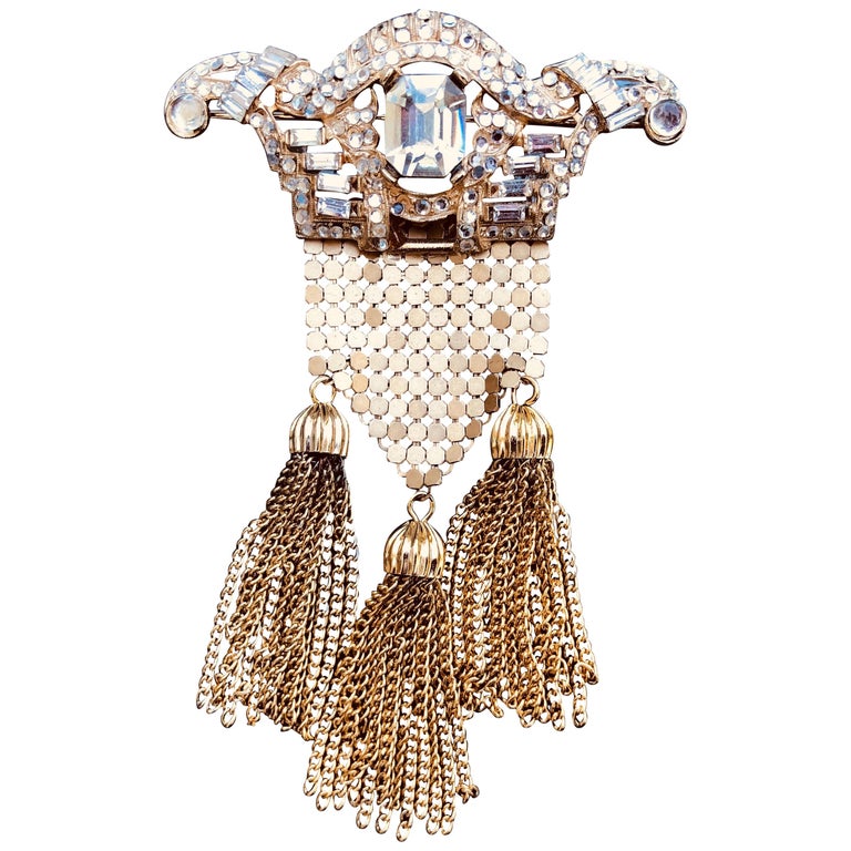 Richard Serbin Matt Gold and Crystal Brooch Pin with Mesh and Tassel ...