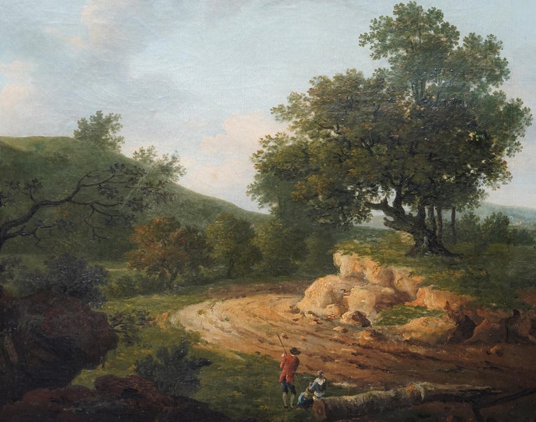 Wooded Landscape with Figures - British 18th century Old Master art oil painting For Sale at 1stDibs