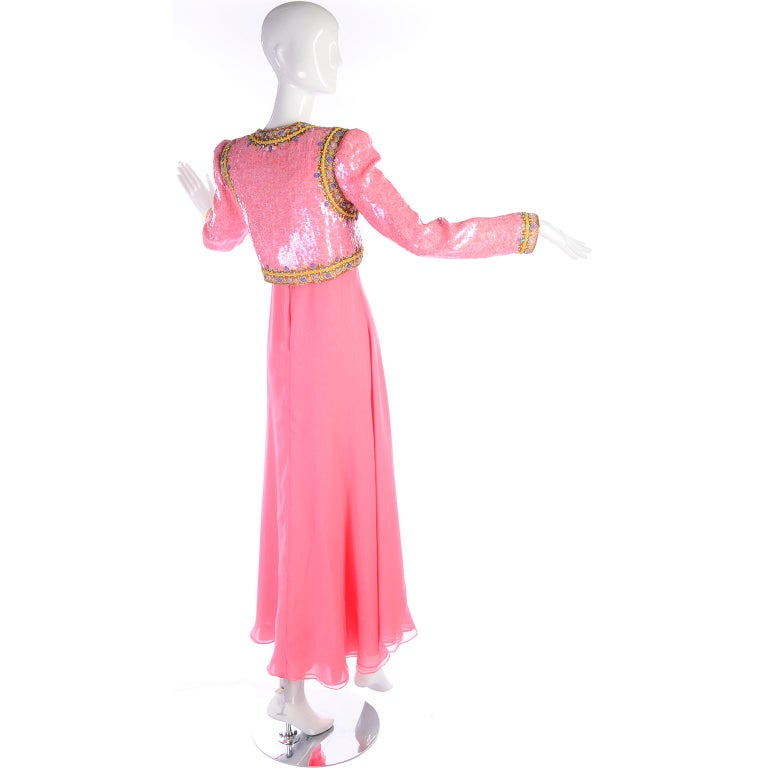Richilene Pink Chiffon Vintage Dress w/ Beaded Sequined Bodice and ...