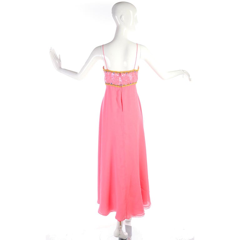 Richilene Pink Chiffon Vintage Dress w/ Beaded Sequined Bodice and ...