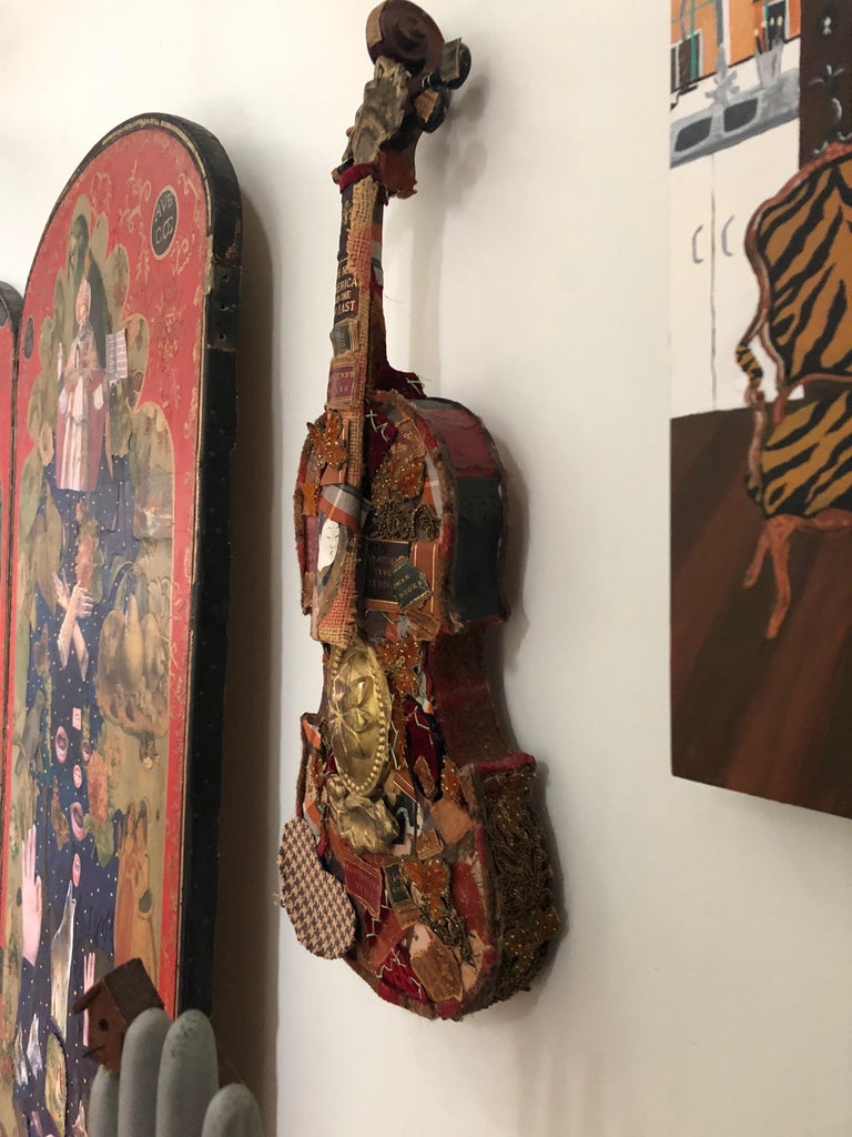Richly Layered Collage Sculpture on Antique Violin Wall Sculpture For ...