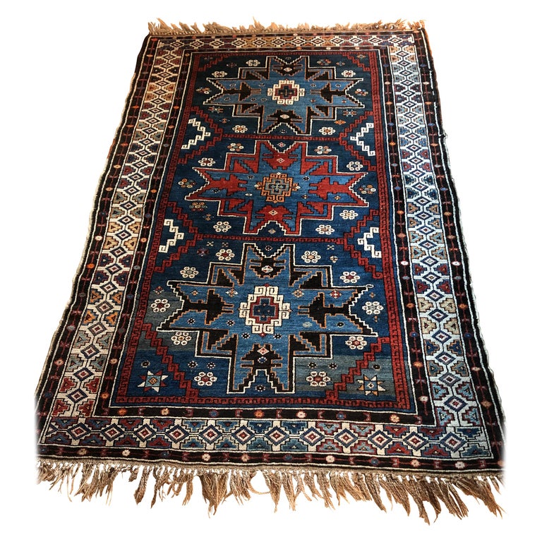 Richly Patterned Antique Area Rug in Blues and Cranberry For Sale at ...