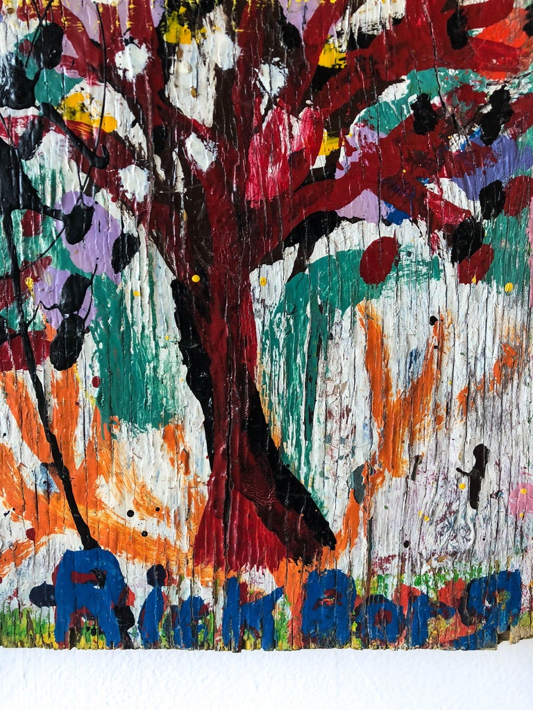 Rick Borg - Bird Over Houses on Found Wood//Folk Art For Sale at 1stDibs