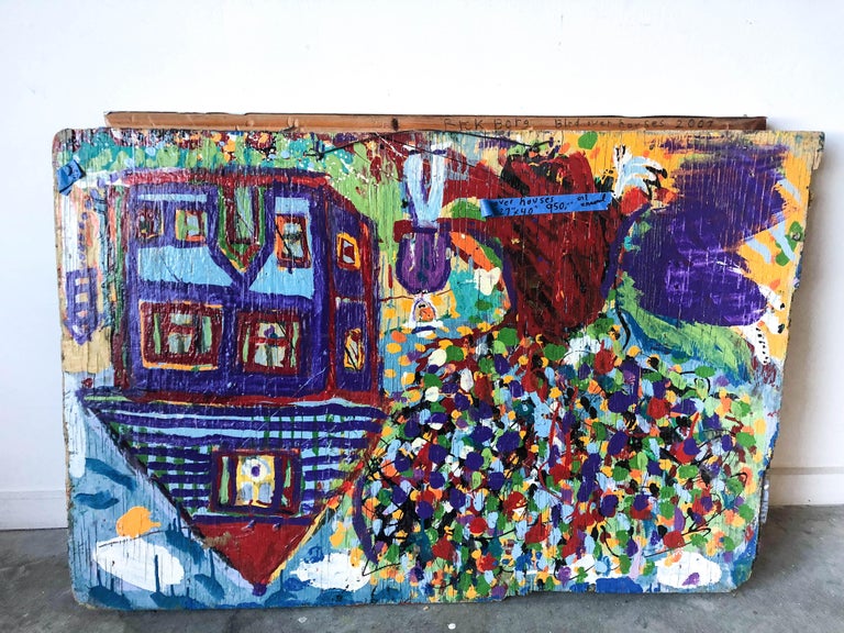 Rick Borg - Bird Over Houses on Found Wood//Folk Art For Sale at 1stDibs