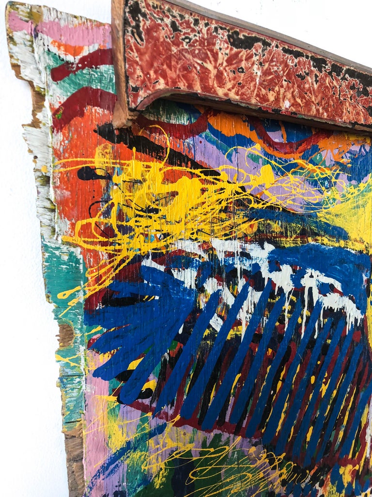 Rick Borg - Bird Over Houses on Found Wood//Folk Art For Sale at 1stDibs