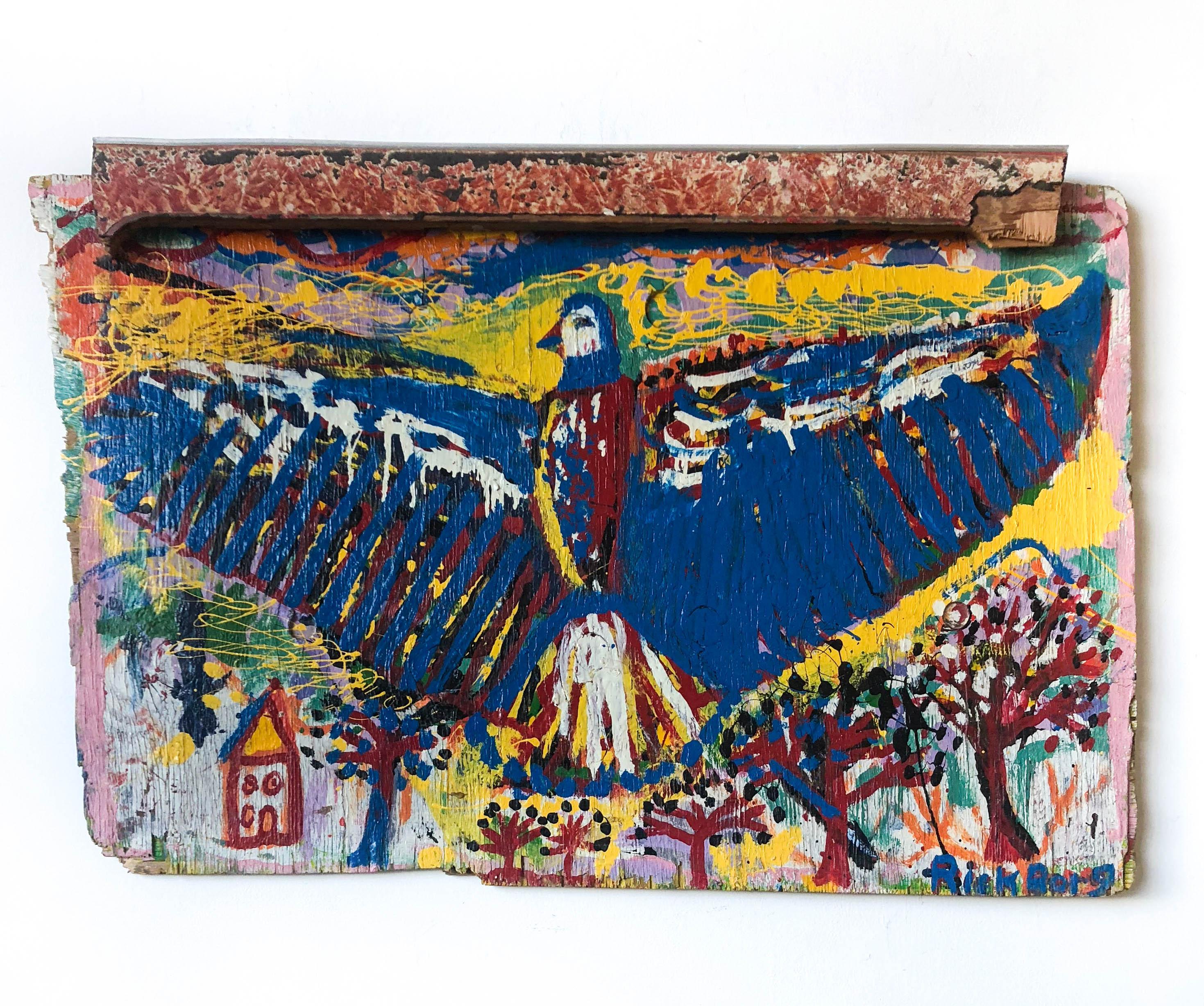 Rick Borg - Bird Over Houses on Found Wood//Folk Art For Sale at 1stDibs
