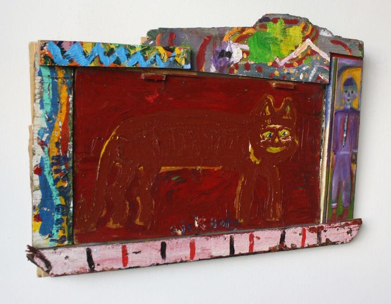 Rick Borg - Brown on Red Cat on Found Wood//Folk Art For Sale at 1stDibs