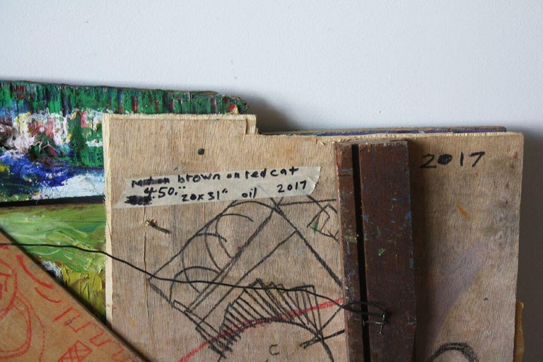 Rick Borg - Brown on Red Cat on Found Wood//Folk Art For Sale at 1stDibs