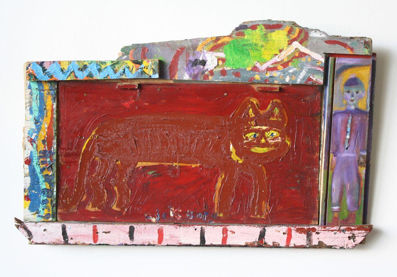 Rick Borg - Brown on Red Cat on Found Wood//Folk Art For Sale at 1stDibs