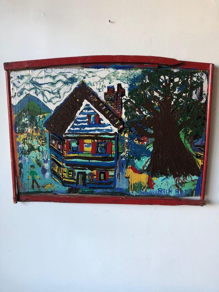 Rick Borg - Log Cabin Scene on Found Wood//Folk Art For Sale at 1stDibs