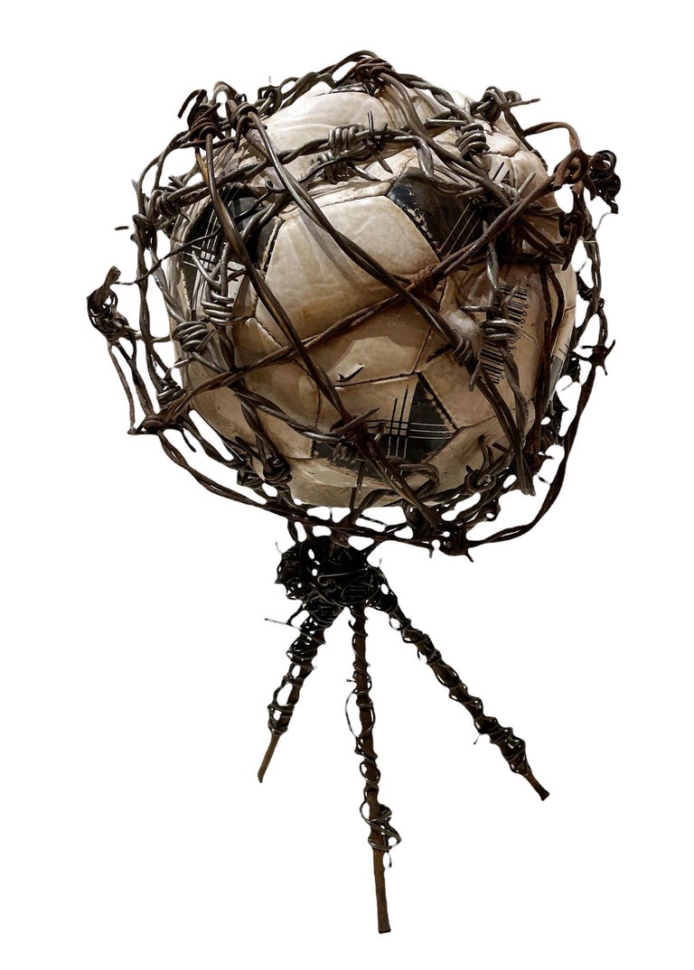 FIFA - Found Object Sculpture with Deflated Soccer Ball and Barbed Wire ...