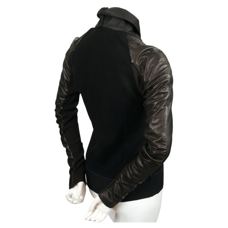 RICK OWENS black jacket with leather sleeves and asymmetrical hemline ...
