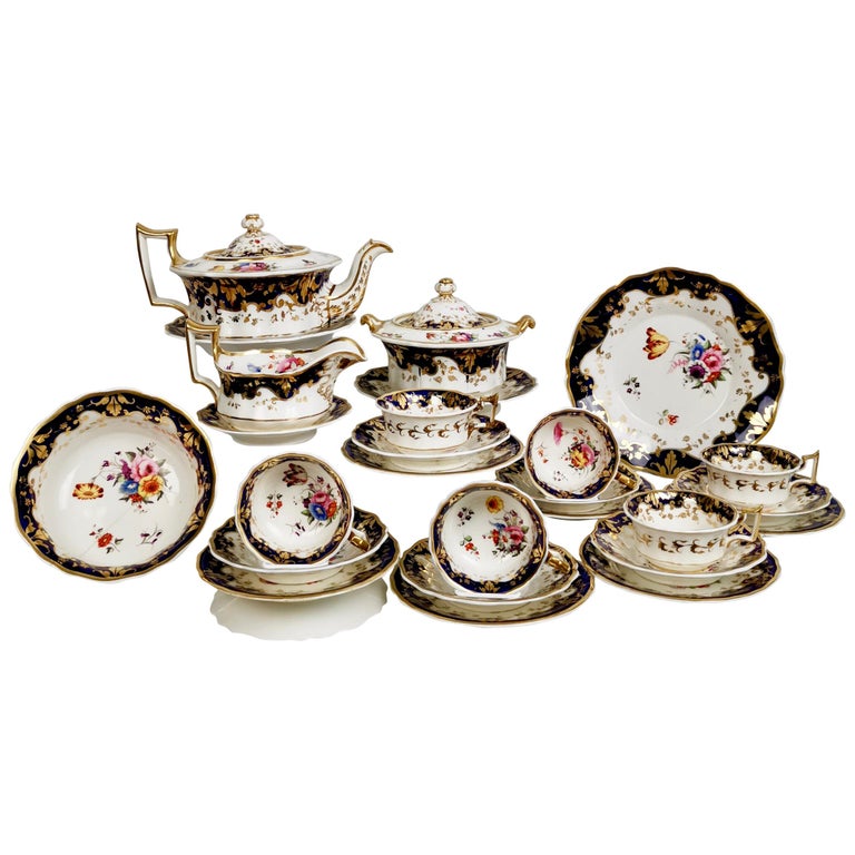 Ridgway Porcelain Tea Service, Flowers on Cobalt Blue and Gilt, Regency ...