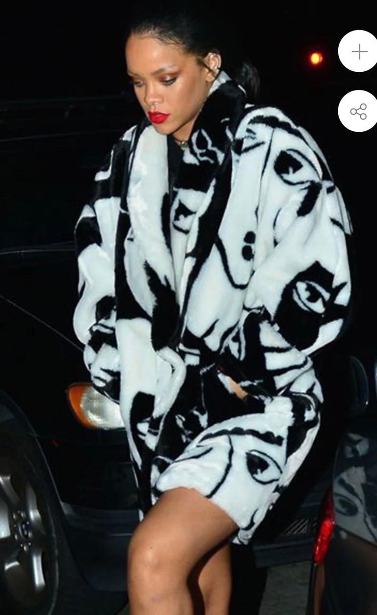 Rihanna’s Avant Garde Faux Fur Face Print Black and White 1980s Jacket ...