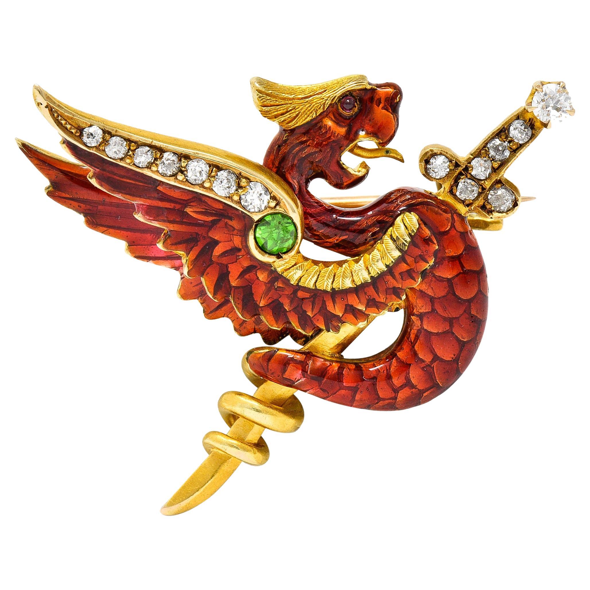 Riker Bros Art Nouveau Diamond Garnet Enamel 14 Karat Gold Wyvern ...