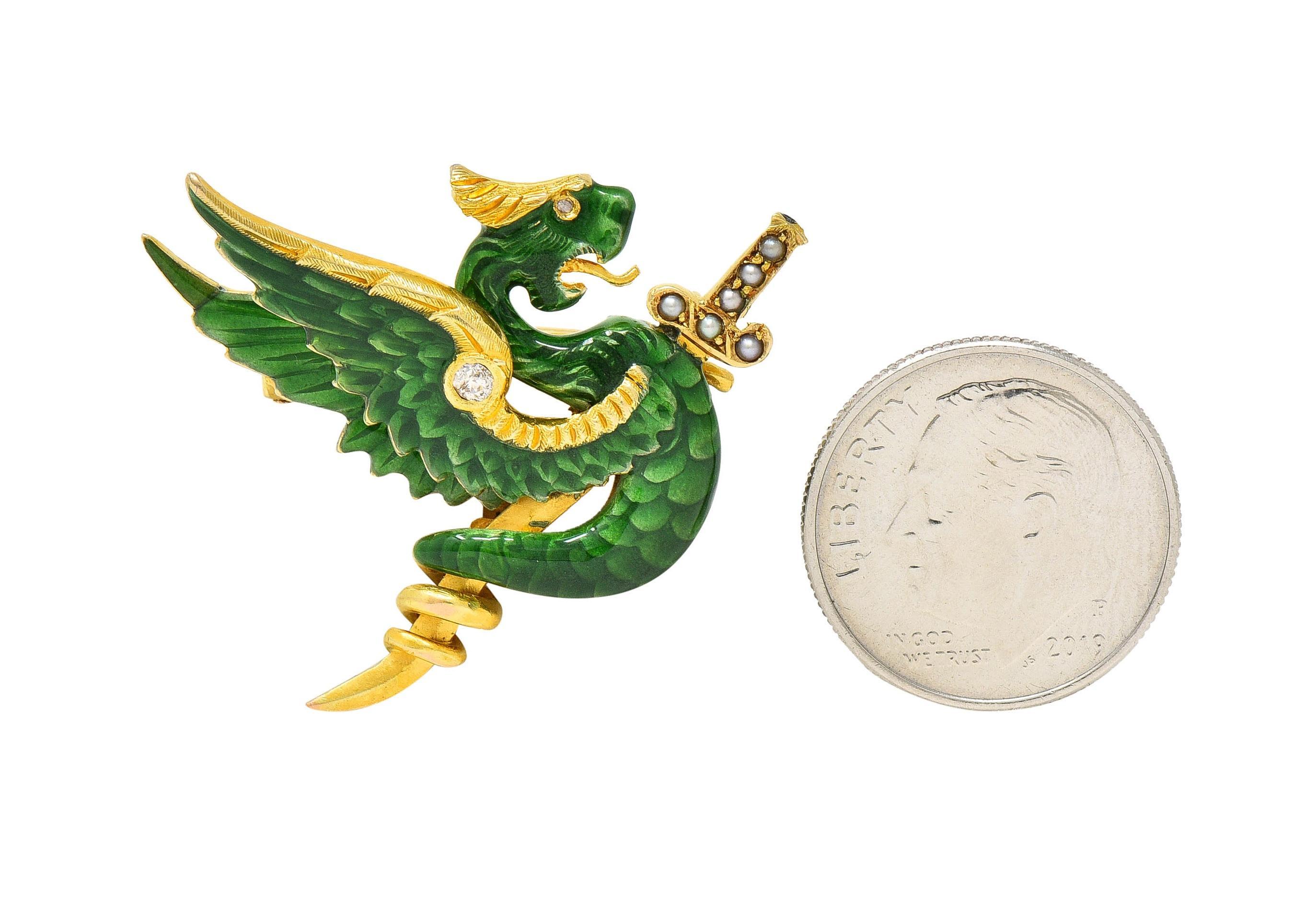 Riker Bros Art Nouveau Diamond Pearl Enamel 14K Gold Dragon Sword ...