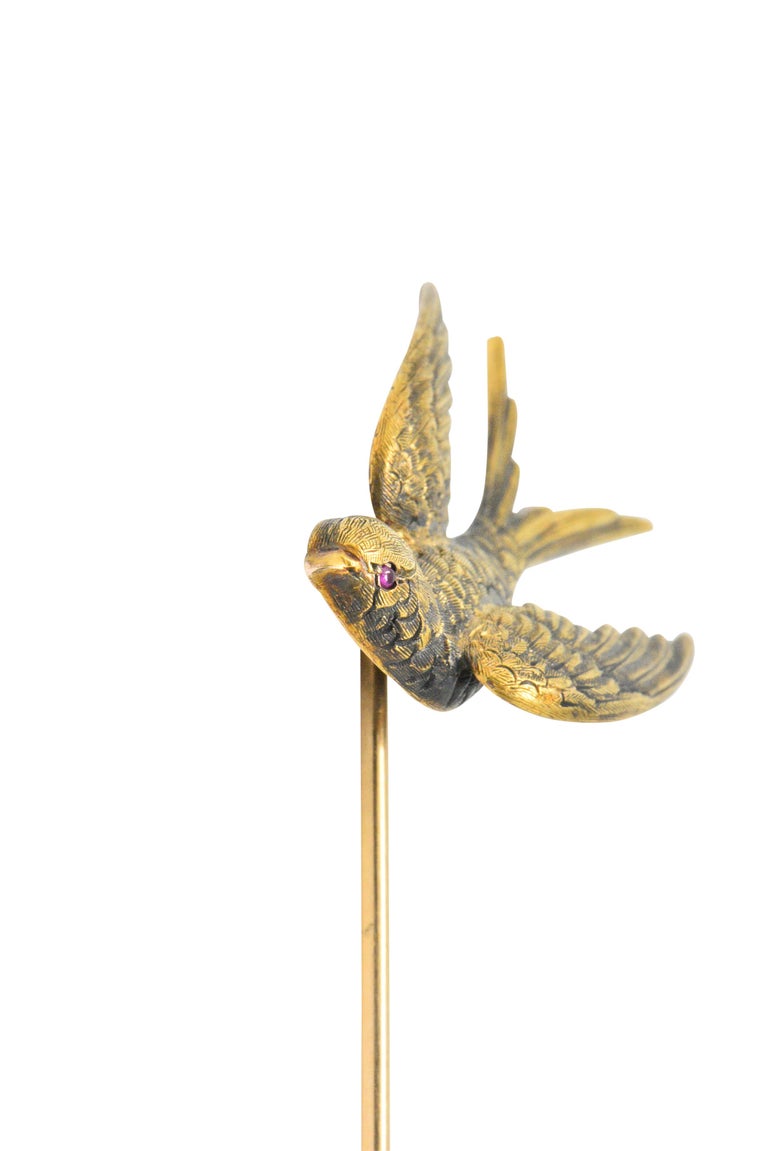 Riker Bros Art Nouveau Ruby 14 Karat Gold Bird Hat Pin For Sale at 1stDibs
