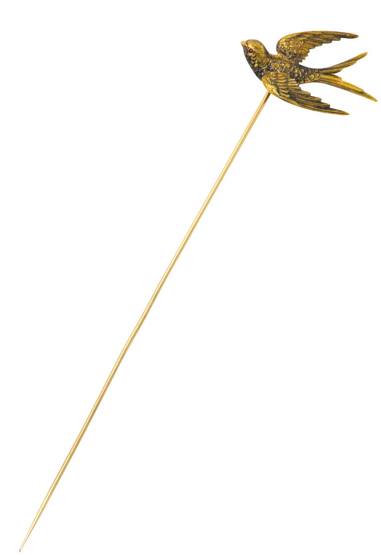 Riker Bros Art Nouveau Ruby 14 Karat Gold Bird Hat Pin For Sale at 1stDibs