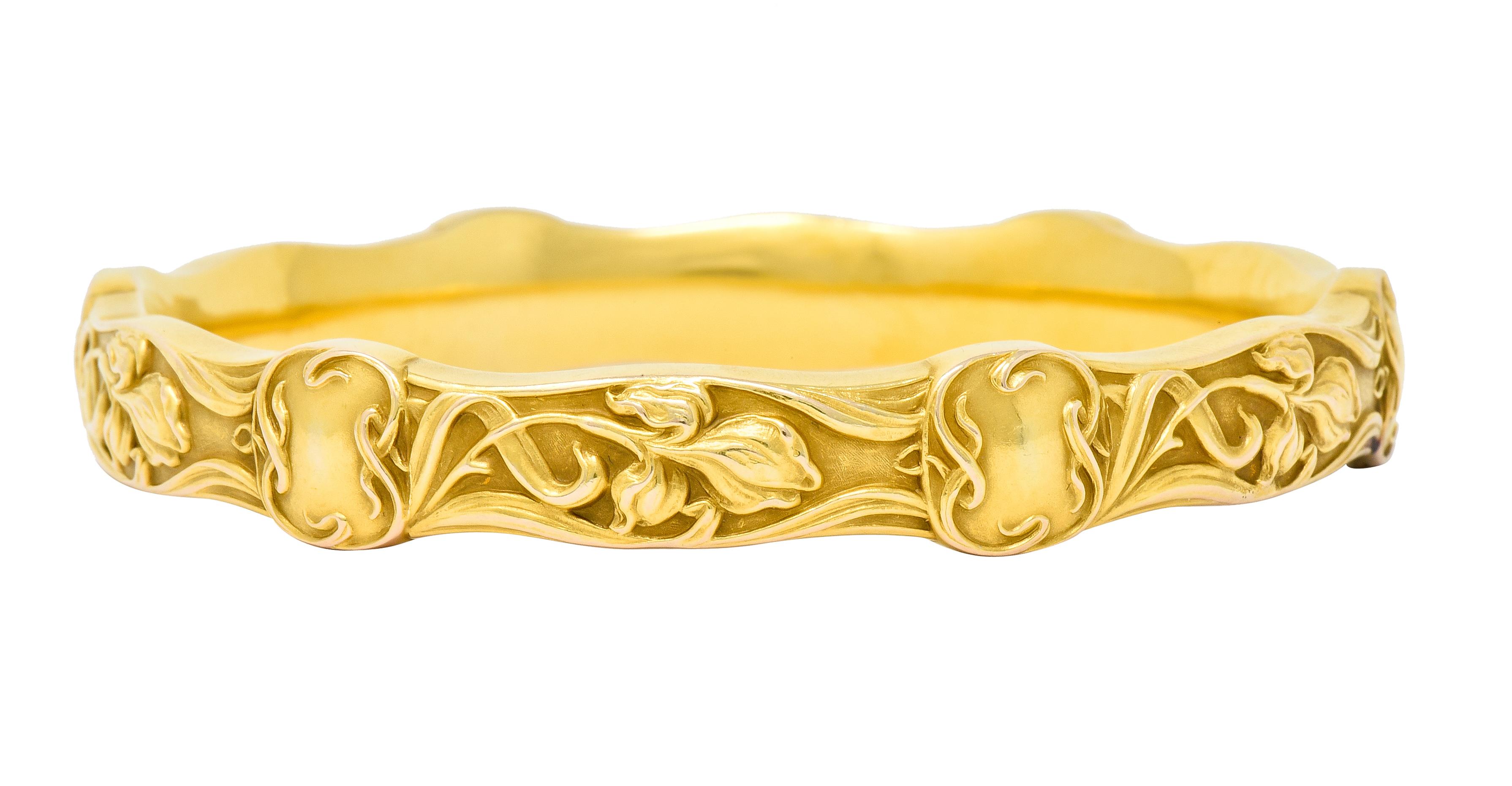 Riker Brothers Art Nouveau 14 Karat Gold Iris Flower Bangle Bracelet ...