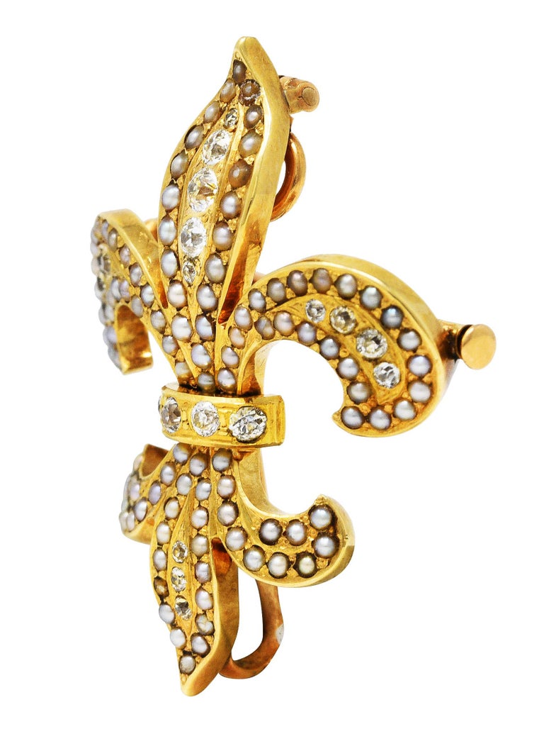 Riker Brothers Victorian Diamond Pearl 14 Karat Gold Fleur-De-Lis ...