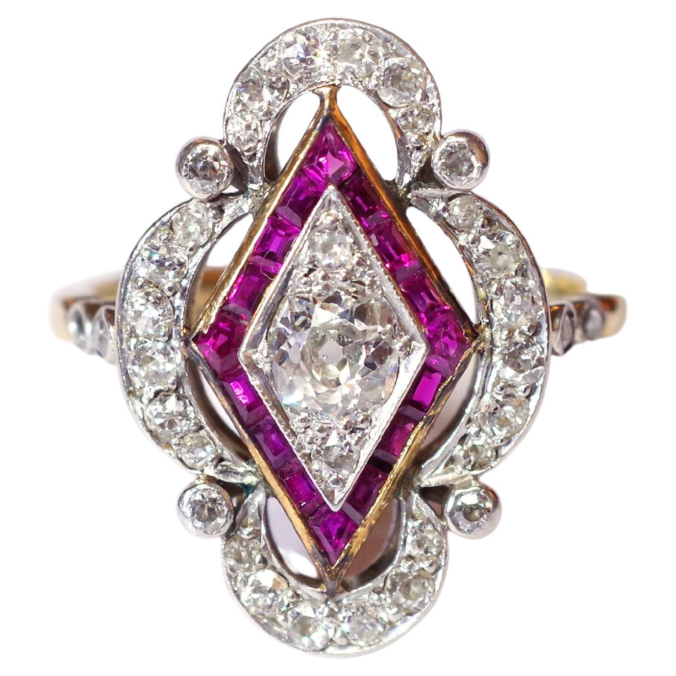 Ring Belle Epoque Ruby Diamonds in Gold 18k and Platinum, Wedding Ring ...