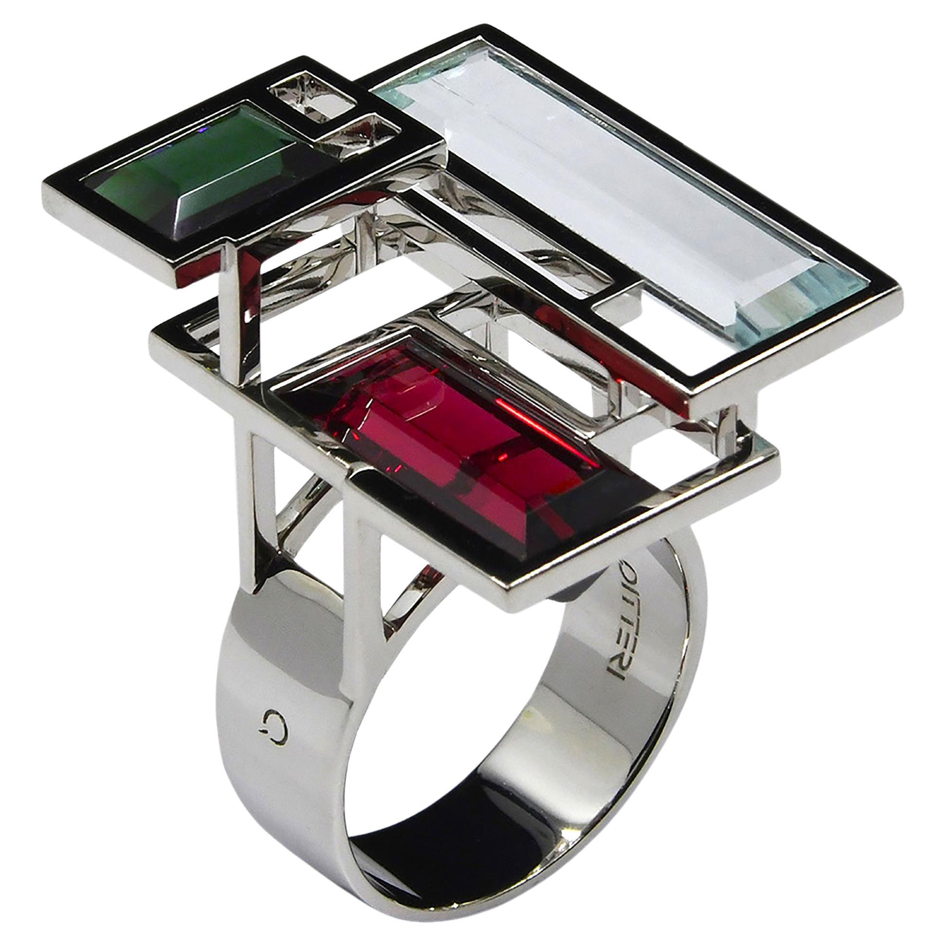 RING FUSION, grenat rhodolite, aquamarine and tourmaline 18k White Gold ...