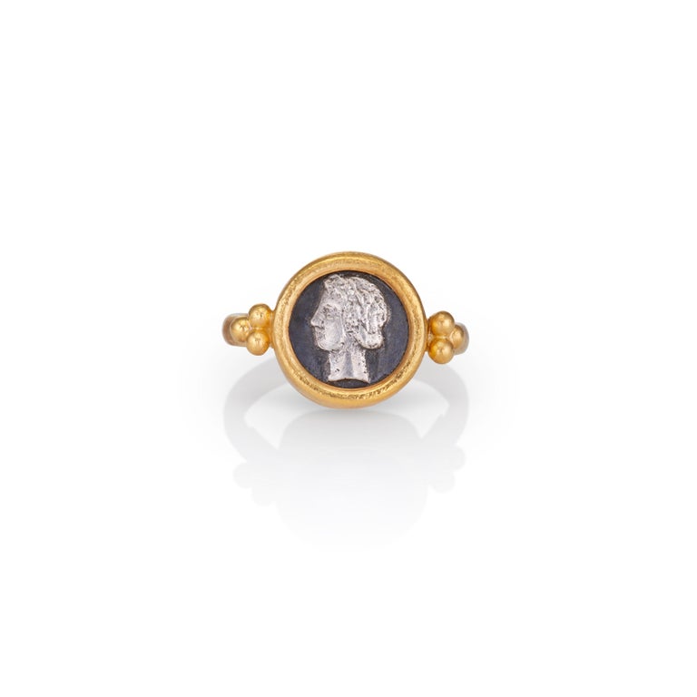 Customizable Ring in 22 Kt Yellow Gold and Oxidized Silver Ancient Coin ...