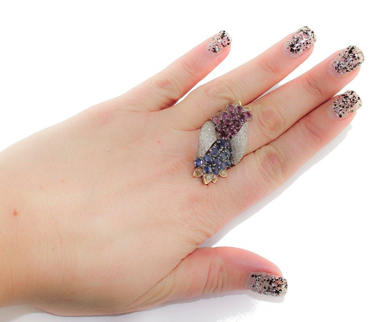 Diamond Ruby Sapphire White and Rose Gold Grapes Ring For Sale at 1stDibs