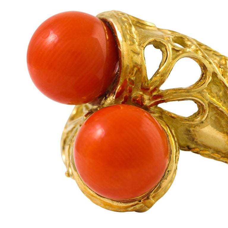Ring with 2 fine coral balls, For Sale at 1stDibs