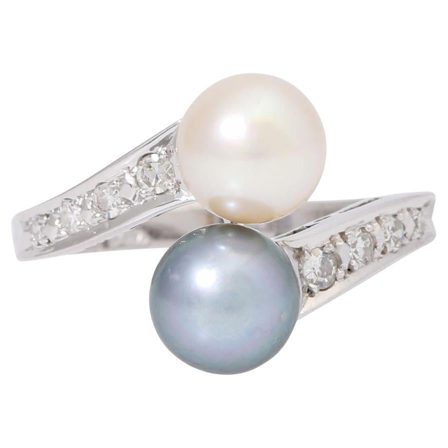 Vintage French Design Akoya Grey and Cream Pearl Diamond Cross Over ...