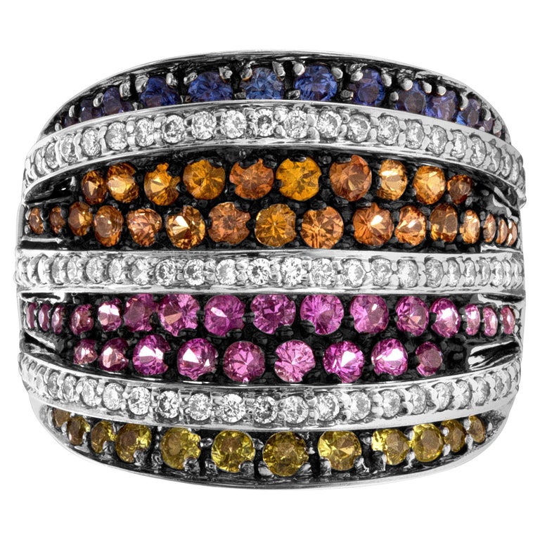 Ring with Band of Multicolor Sapphires and Diamonds in 18k White Gold ...
