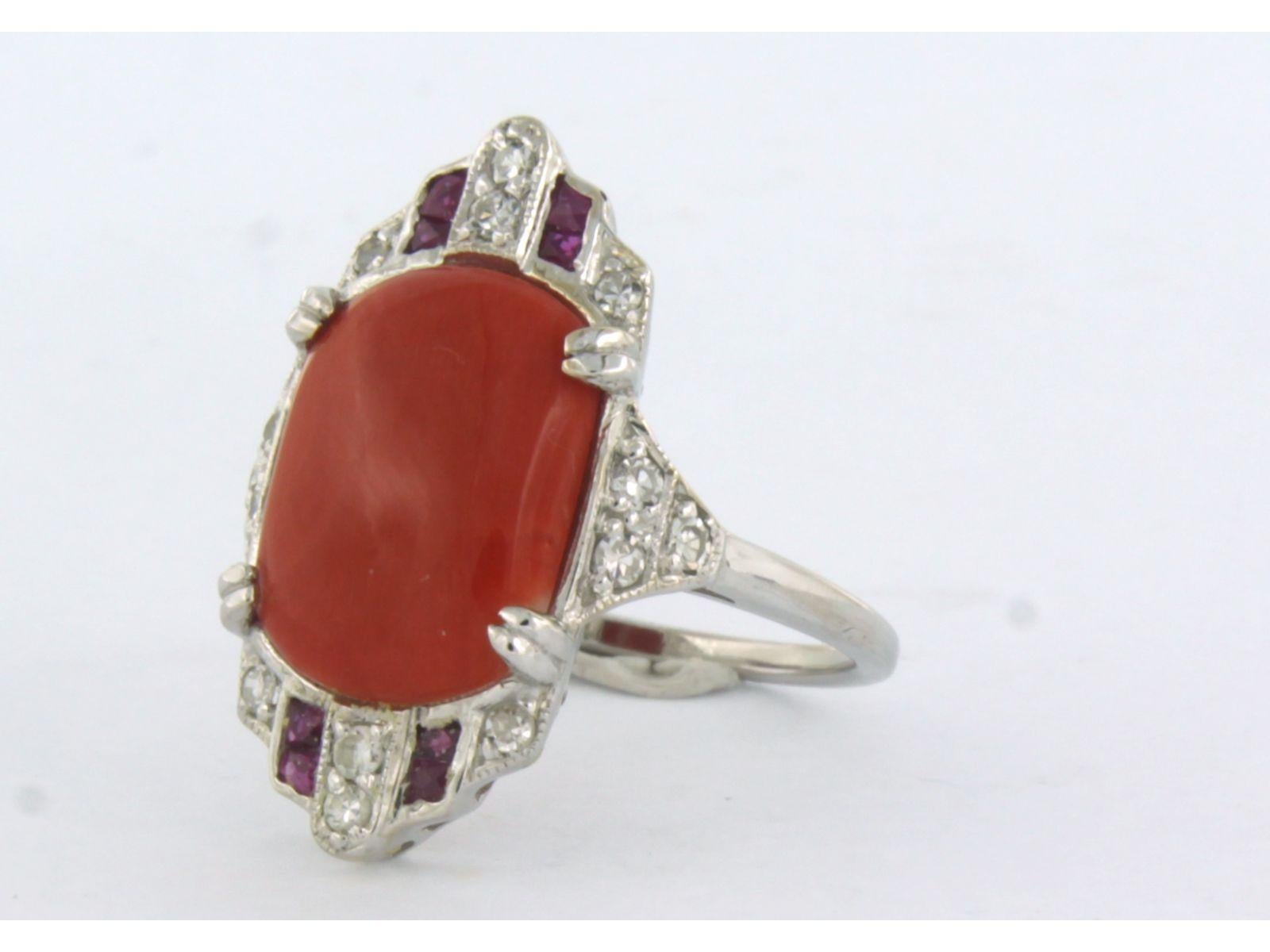 Ring with coral, ruby and diamonds 14k white gold For Sale at 1stDibs