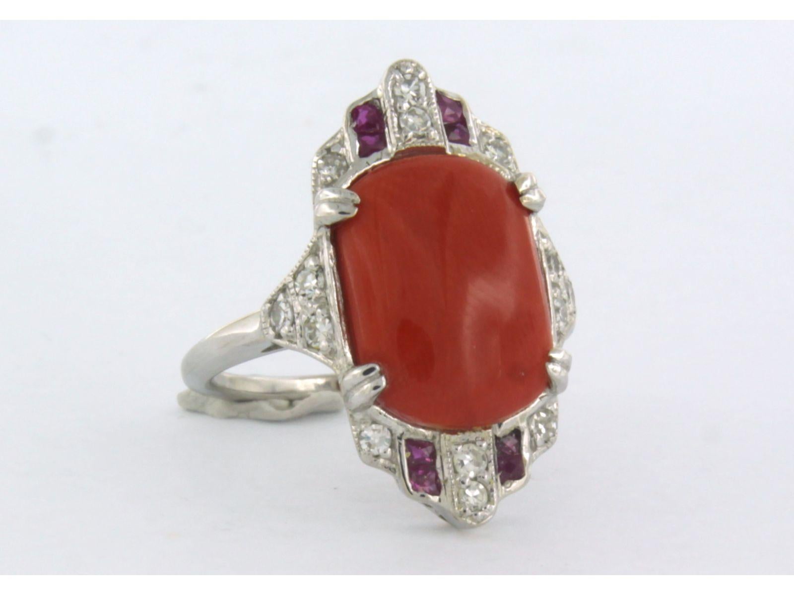 Ring with coral, ruby and diamonds 14k white gold For Sale at 1stDibs